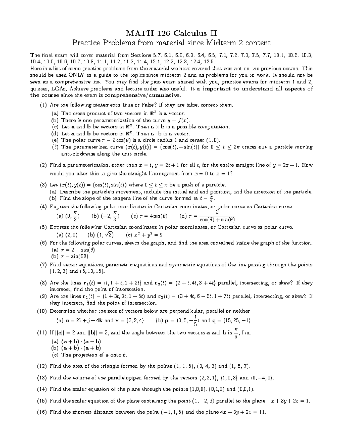 MATH 126 Calculus II Final Exam Practice Problems - Studocu