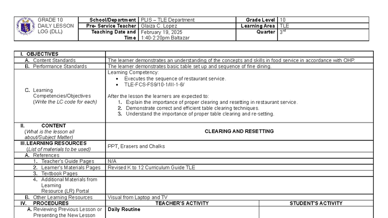 GRADE 10 TLE Daily Lesson Log: Clearing and Resetting Techniques - Studocu