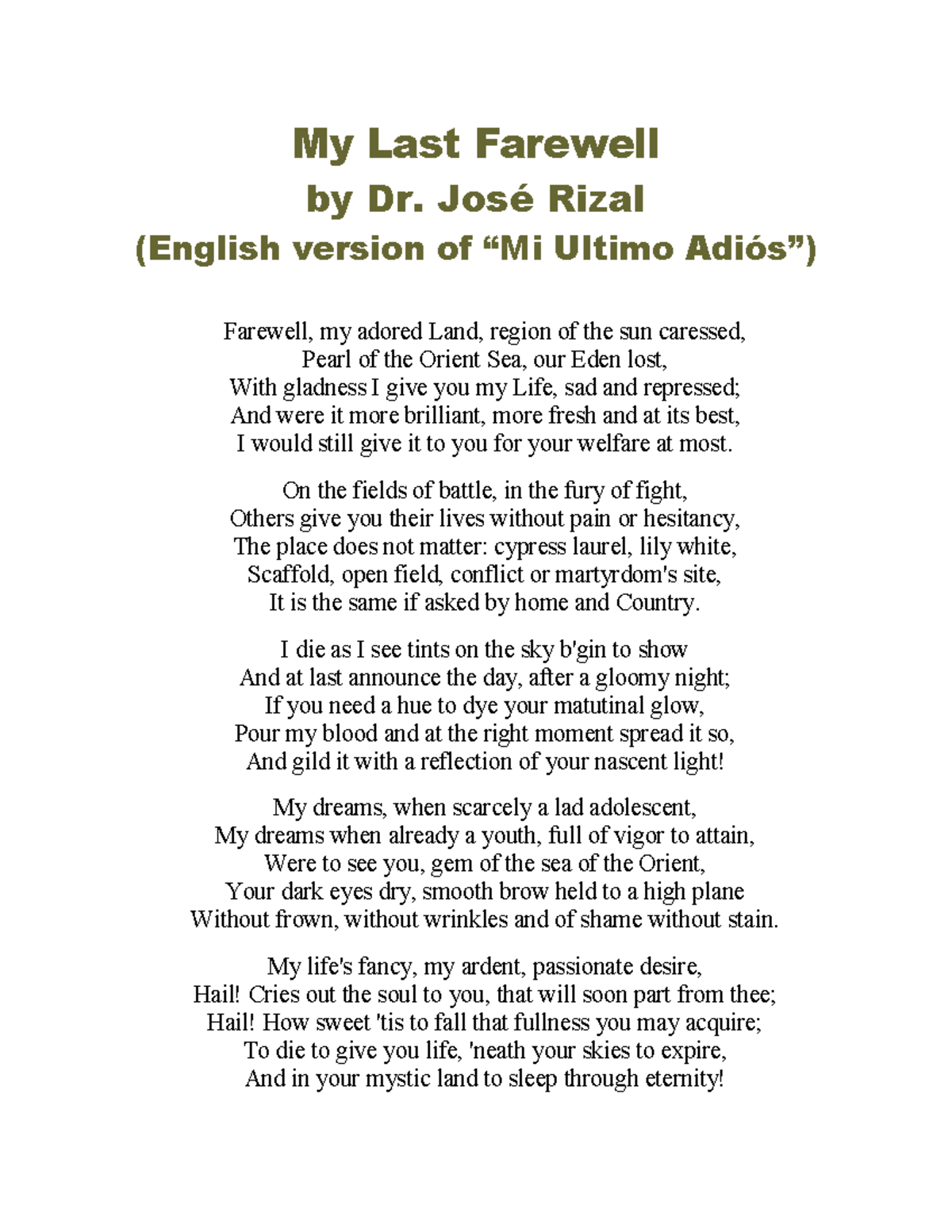 Final Exam Analysis of "My Last Farewell" by Dr. José Rizal - Studocu