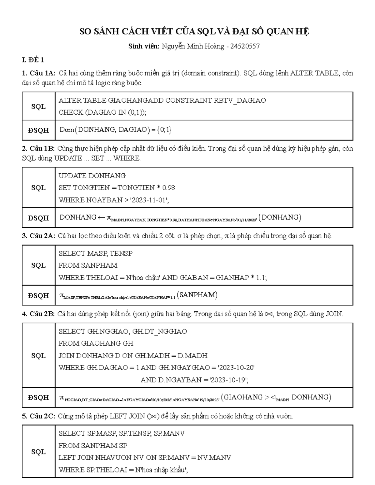 SO SÁNH CÁCH VIẾT CỦA SQL VÀ ĐẠI SỐ QUAN HỆ BTTH2 2025-2026 - Studocu