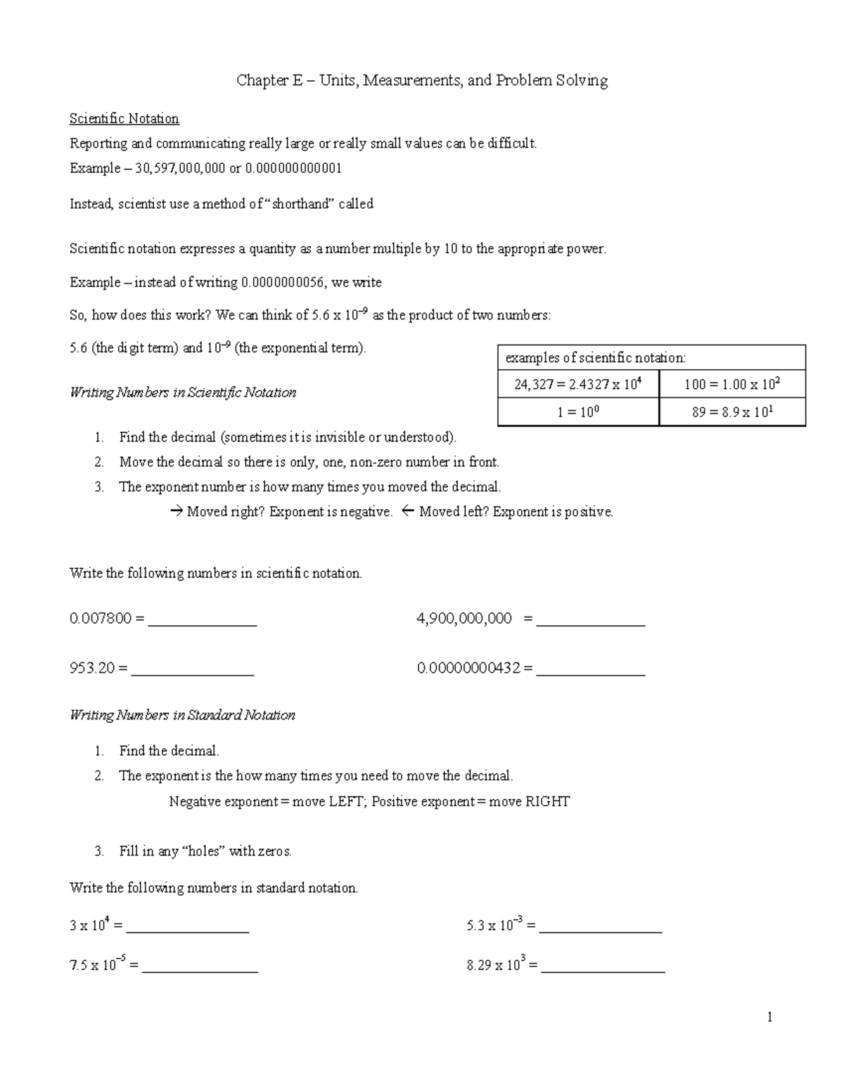 Chapter E: Units, Measurements, and Scientific Notation Notes - Studocu