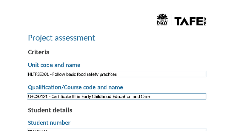 HLTFSE001_AE_Project_Assessment_Criteria_Cert_III_ECE - Studocu