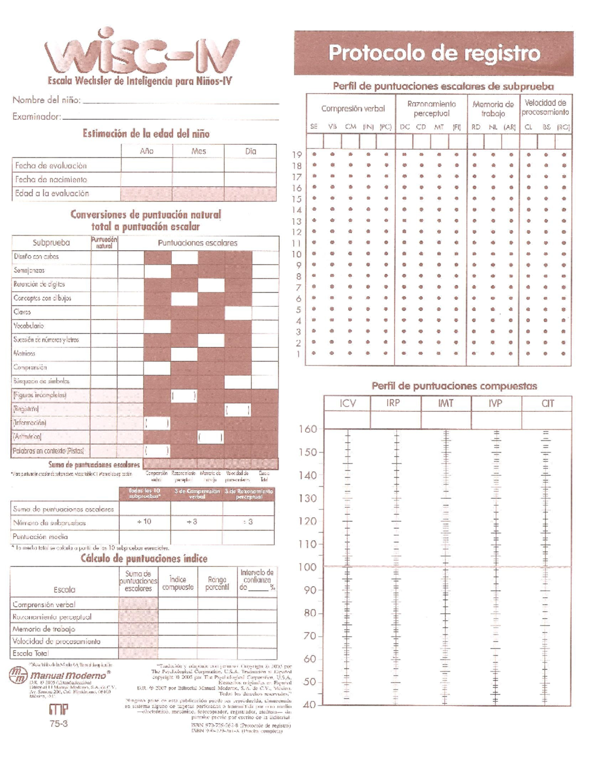 Hojas y Plantillas del Protocolo WISC-IV para Evaluaciones - Studocu