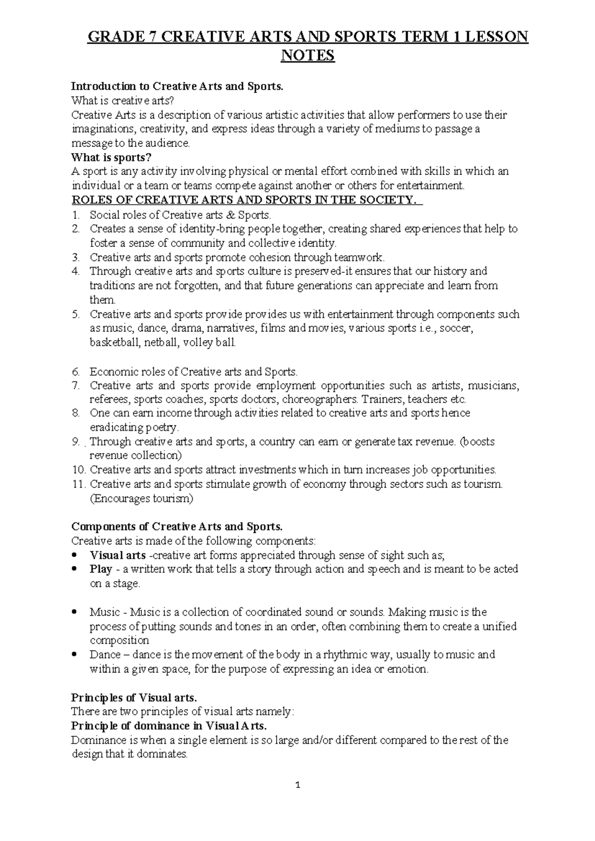 Creative ARTS & SPORTS Grade 7 Term 1 2024 Teacher Notes - Studocu