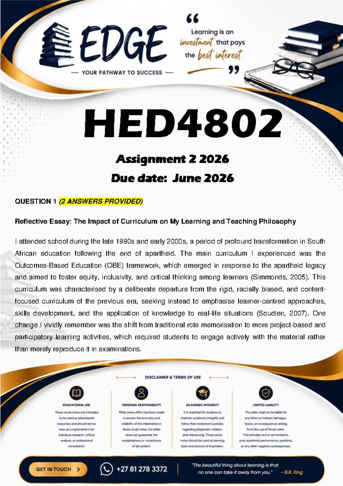 HED4802 Assignment 2 Memo 2026: Reflective Essay on Curriculum Impact ...