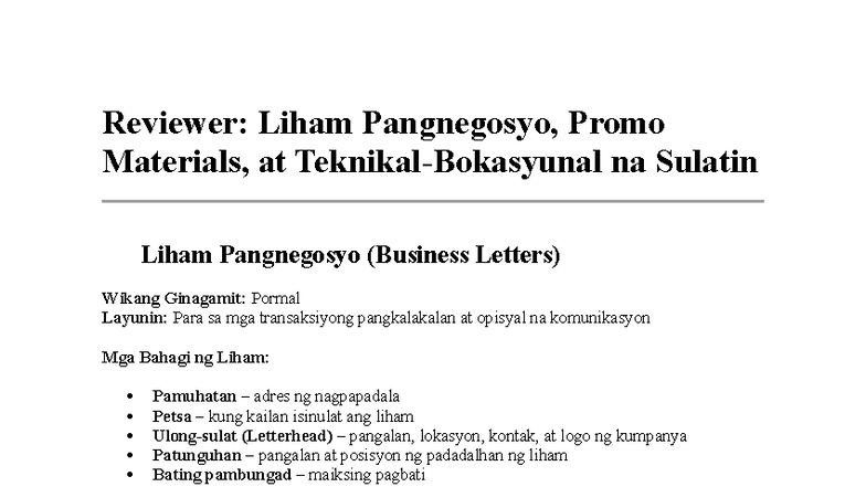 Filipino Reviewer: Liham Pangnegosyo at Promo Materials - Studocu