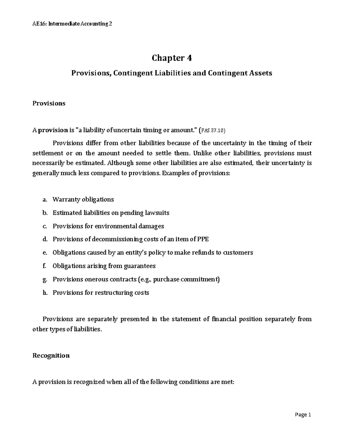 Chapter 4 - Provisions, Contingent Liabilities & Contingent Assets ...