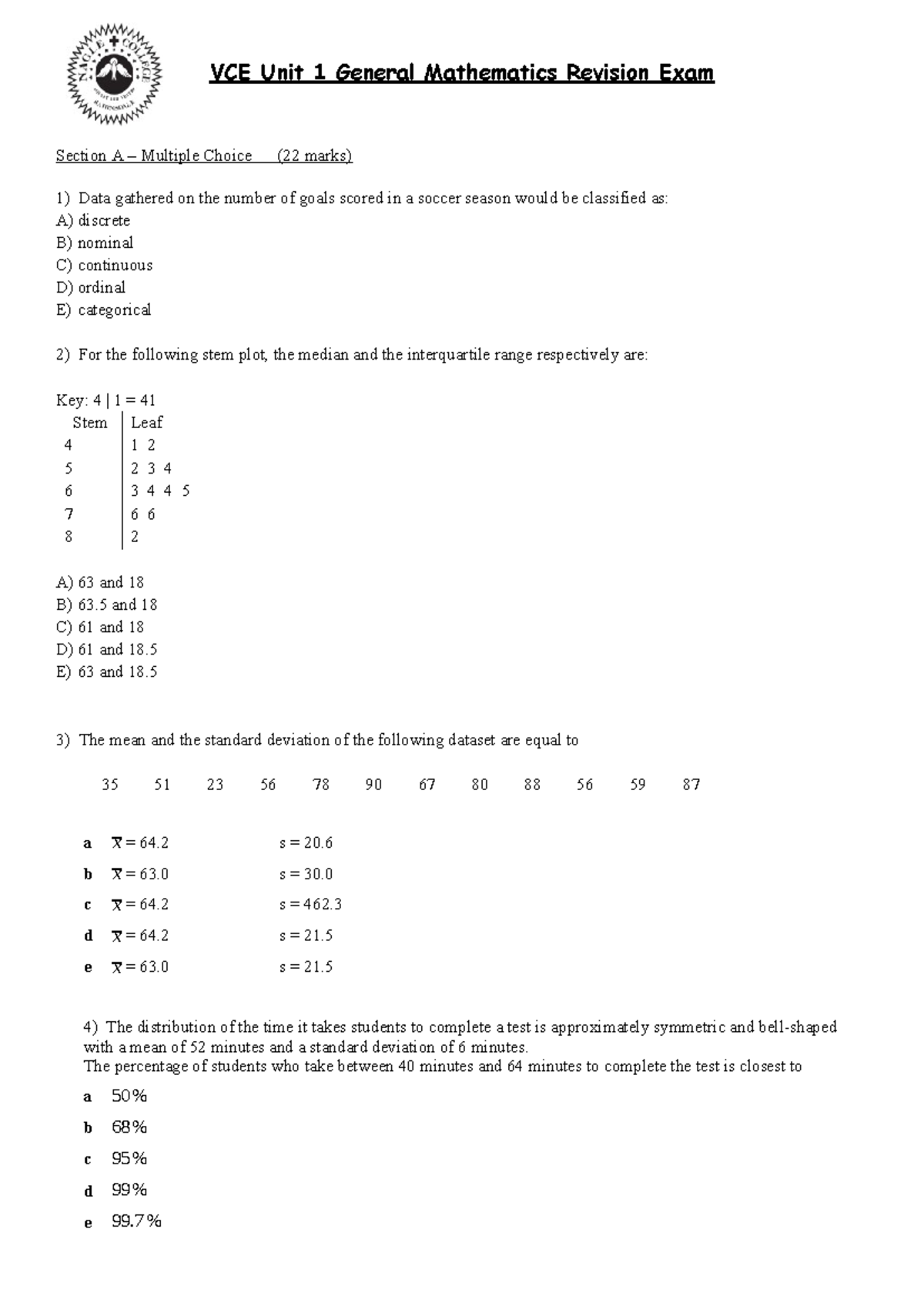 VCE Unit 1 General Mathematics Revision Exam 2026 - Multiple Choice ...