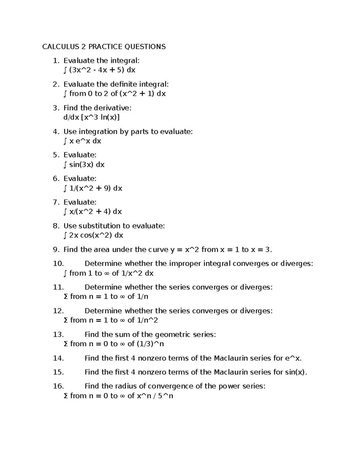 CALCULUS 2 PRACTICE QUESTIONS: INTEGRALS & SERIES EXERCISES - Studocu