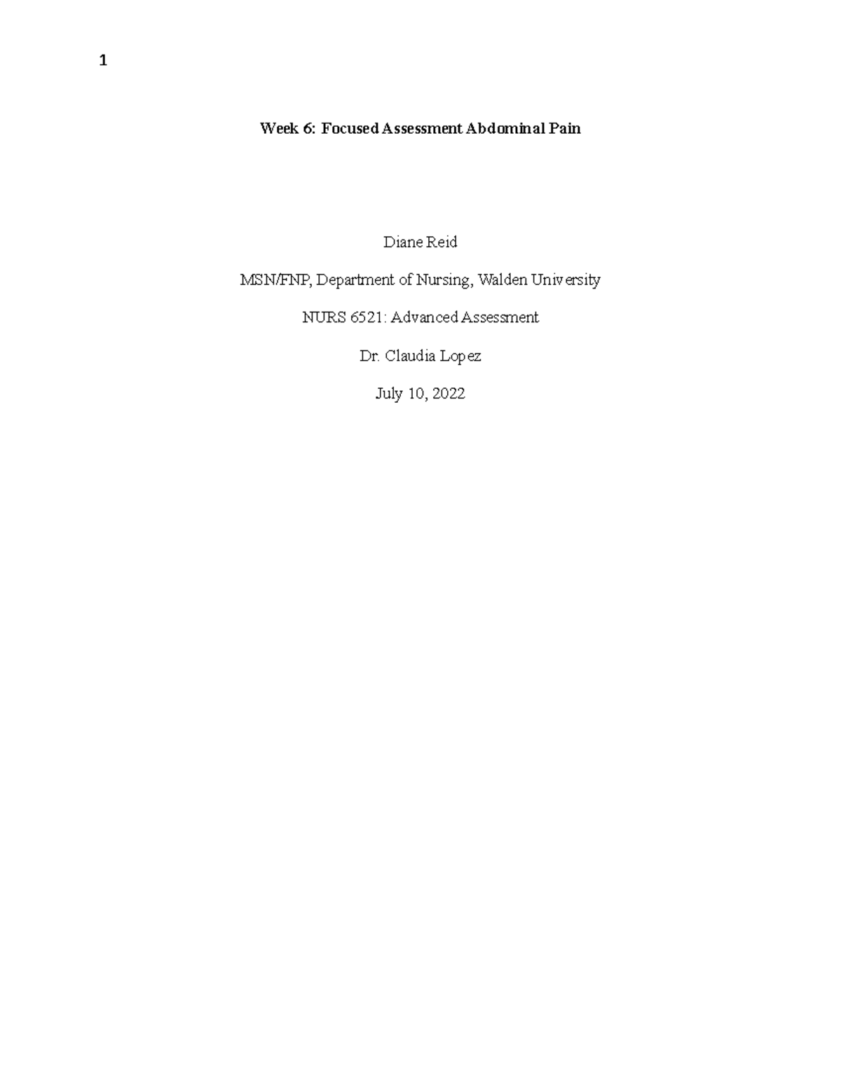 NURS 6521 Week 6 SOAP Note - Focused Assessment: Abdominal Pain - Studocu