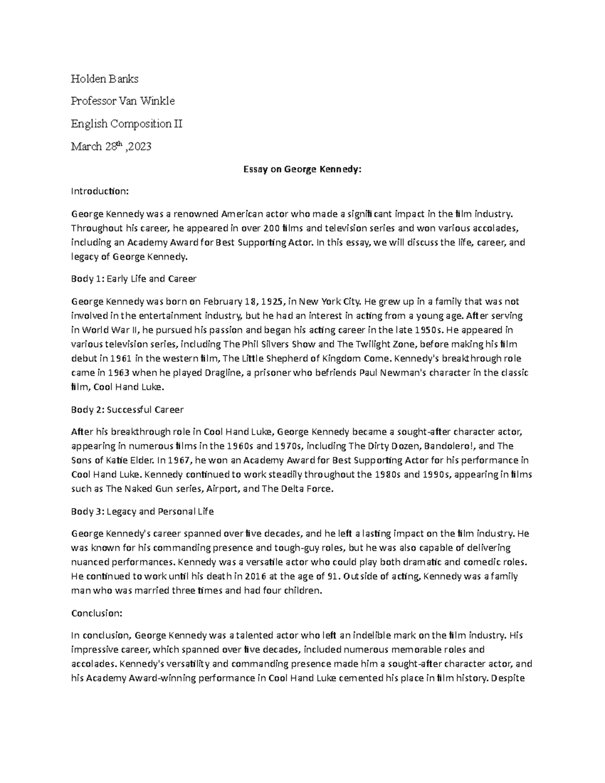 Essay on George Kennedy: Life, Career, and Legacy (ENG 102) - Studocu