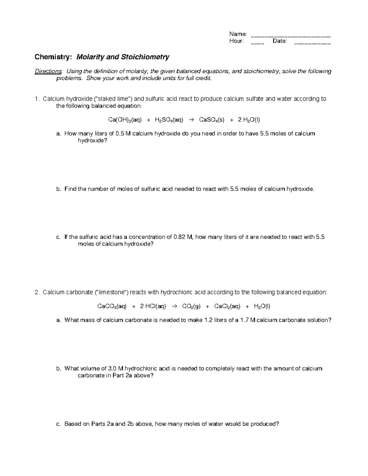 Chemistry 12: Molarity & Stoichiometry Problem Set - Studocu