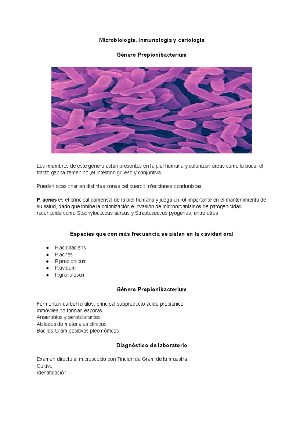 Género Propionibacterium: Microbiología y Diagnóstico Lab. (MIC-301 ...