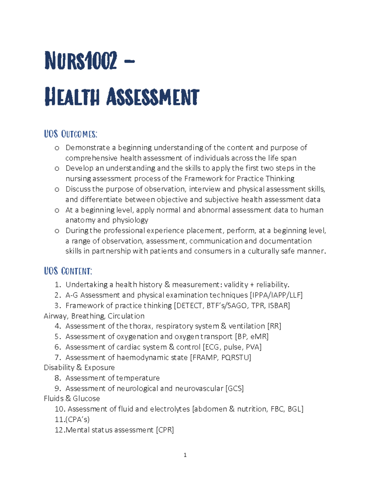 1002 - Health Assessment Notes - Nurs 1002 – Health Assessment UOS ...