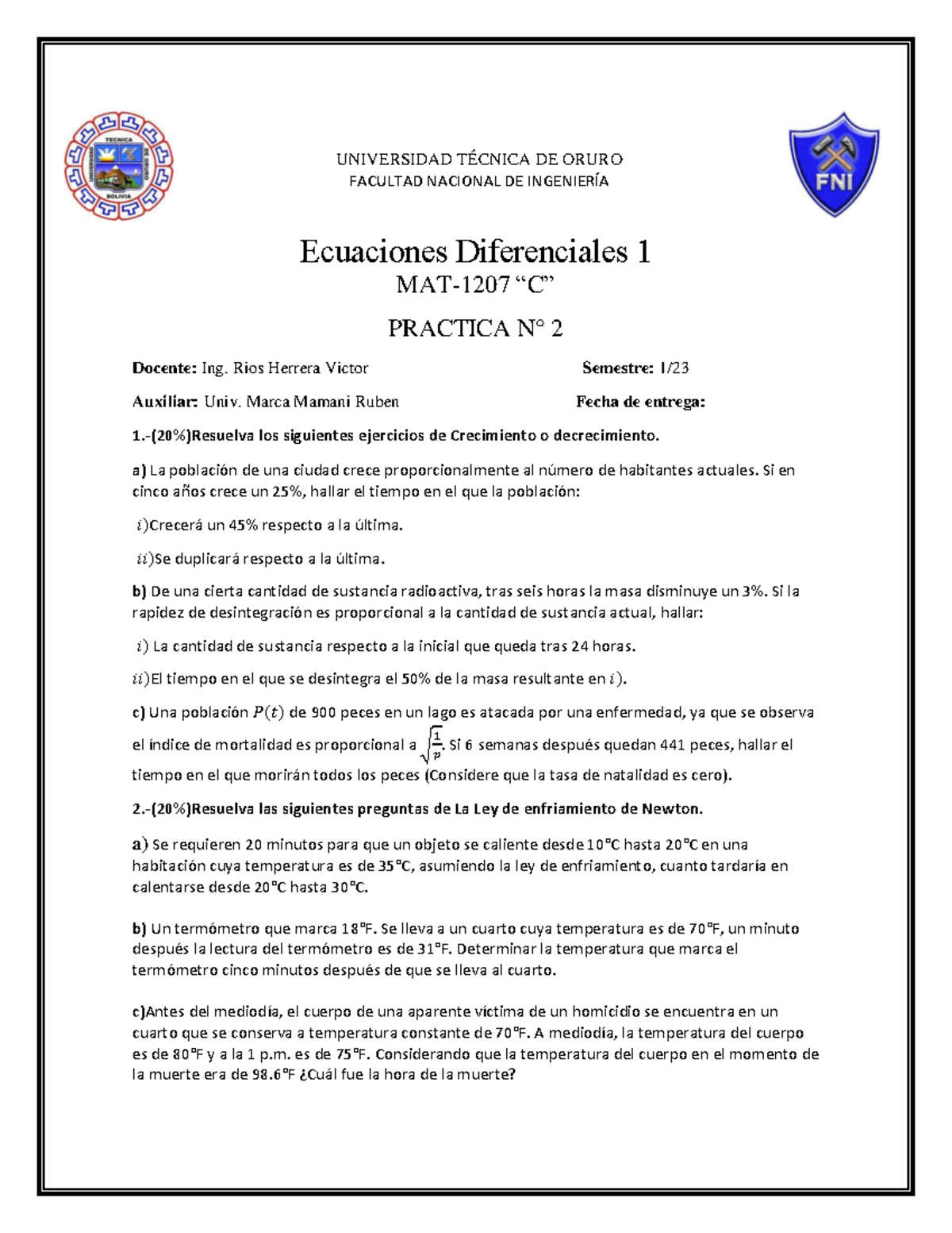 Práctica N° 2 - Ecuaciones Diferenciales 1 - MAT-1207 “C” - Studocu
