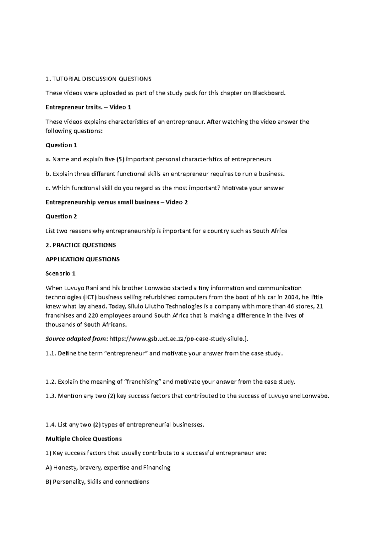 Entrepreneurship Tutorial Qs & Practice for BUS101 Final Exam - Studocu