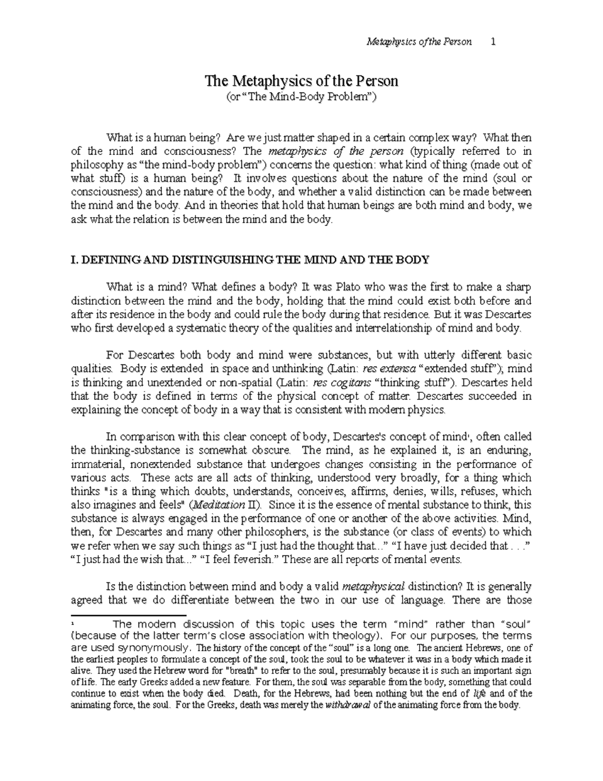 Metaphysics of the Person: Exploring Mind-Body Dualism and Monism - Studocu