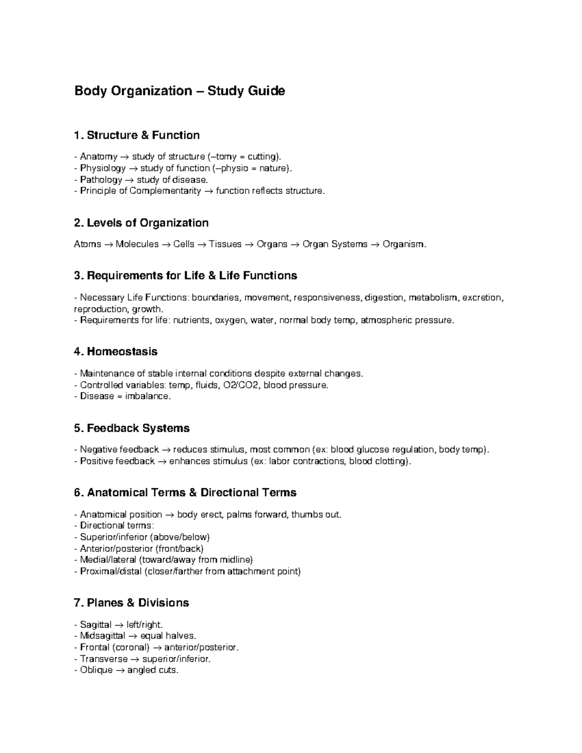 Body Organization Study Guide: Structure, Function & Levels (BIO101 ...