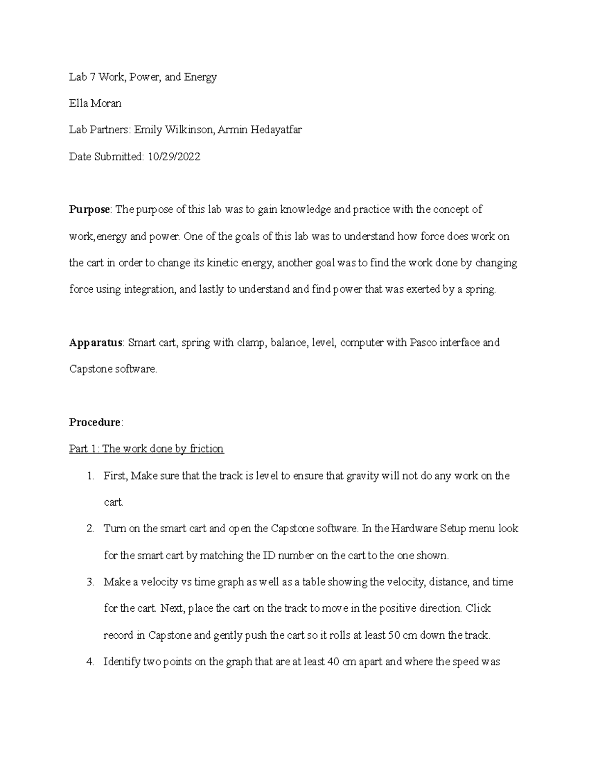 Lab 7 Work, Power, and Energy - Lab 7 Work, Power, and Energy Ella ...