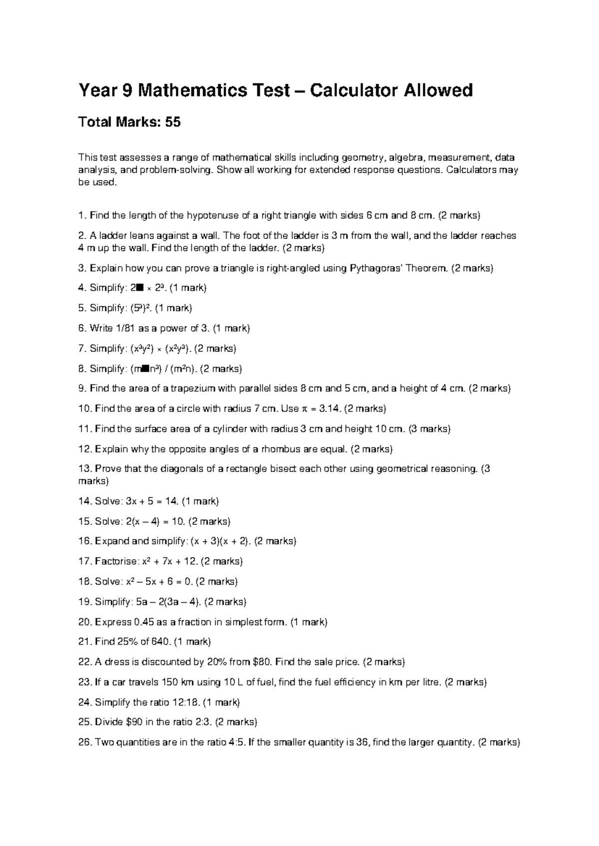 Year 9 Mathematics Test (Calculator Allowed) - Total Marks: 55 - Studocu