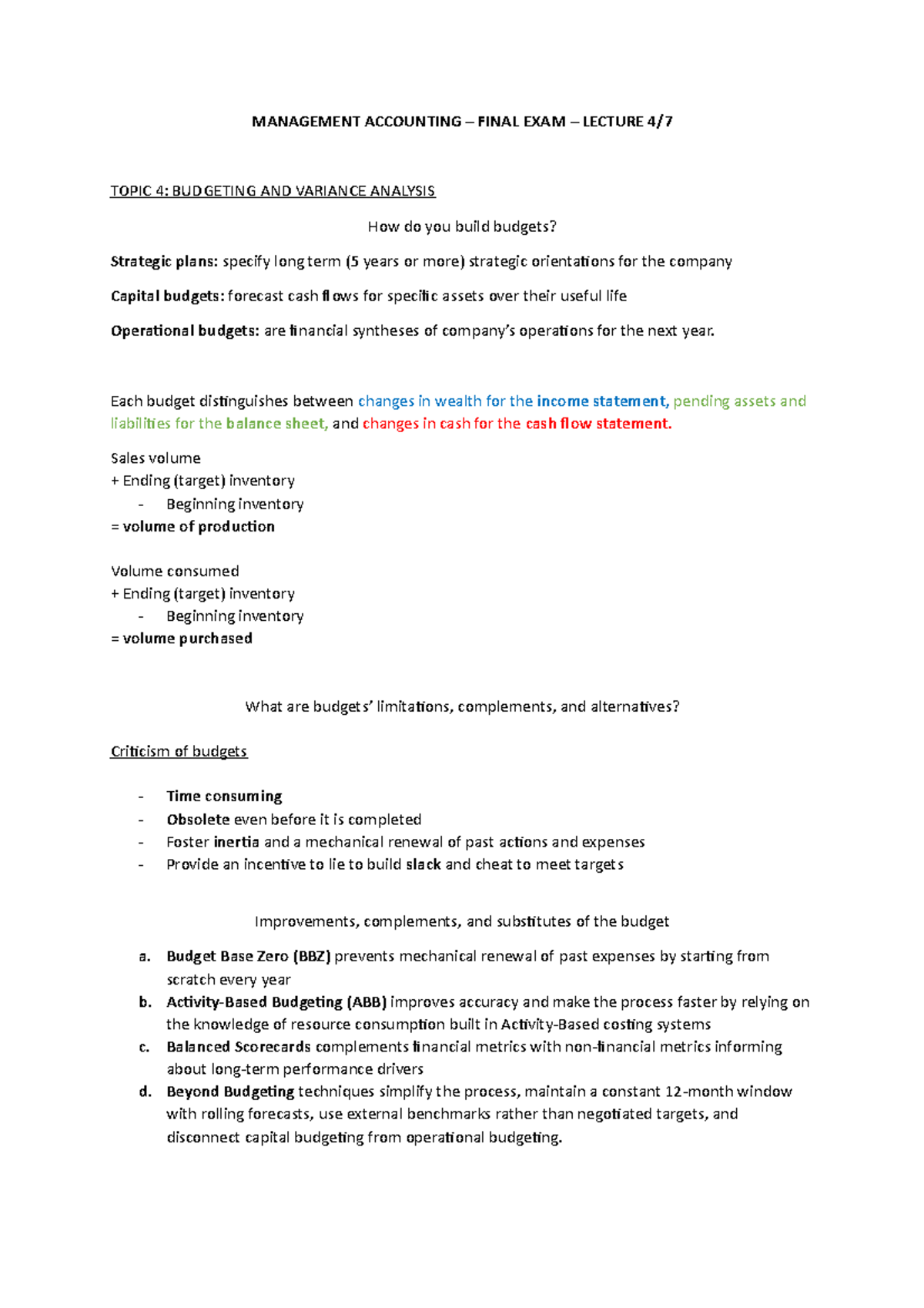 Management Accounting lecture 4-7 KEY POINTS - MANAGEMENT ACCOUNTING ...