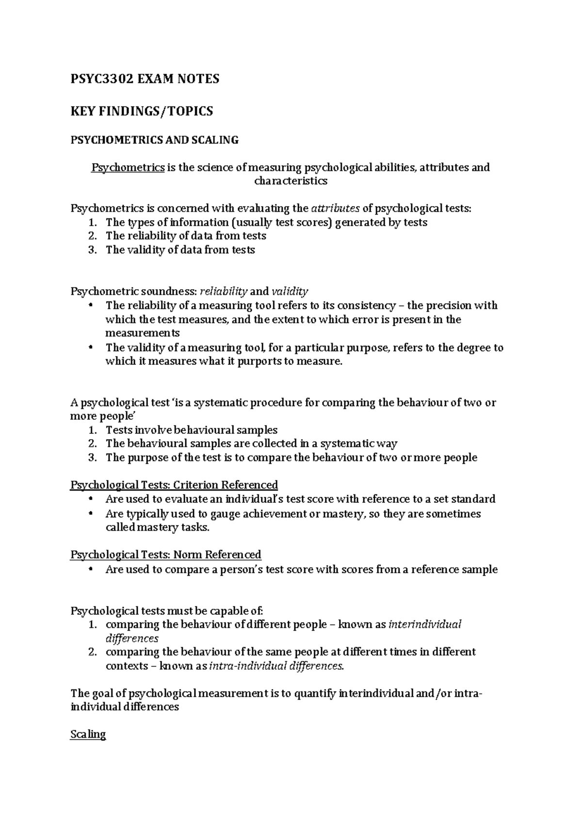 PSYC3302 Final Exam Study Notes on Psychometrics and Scaling - Studocu