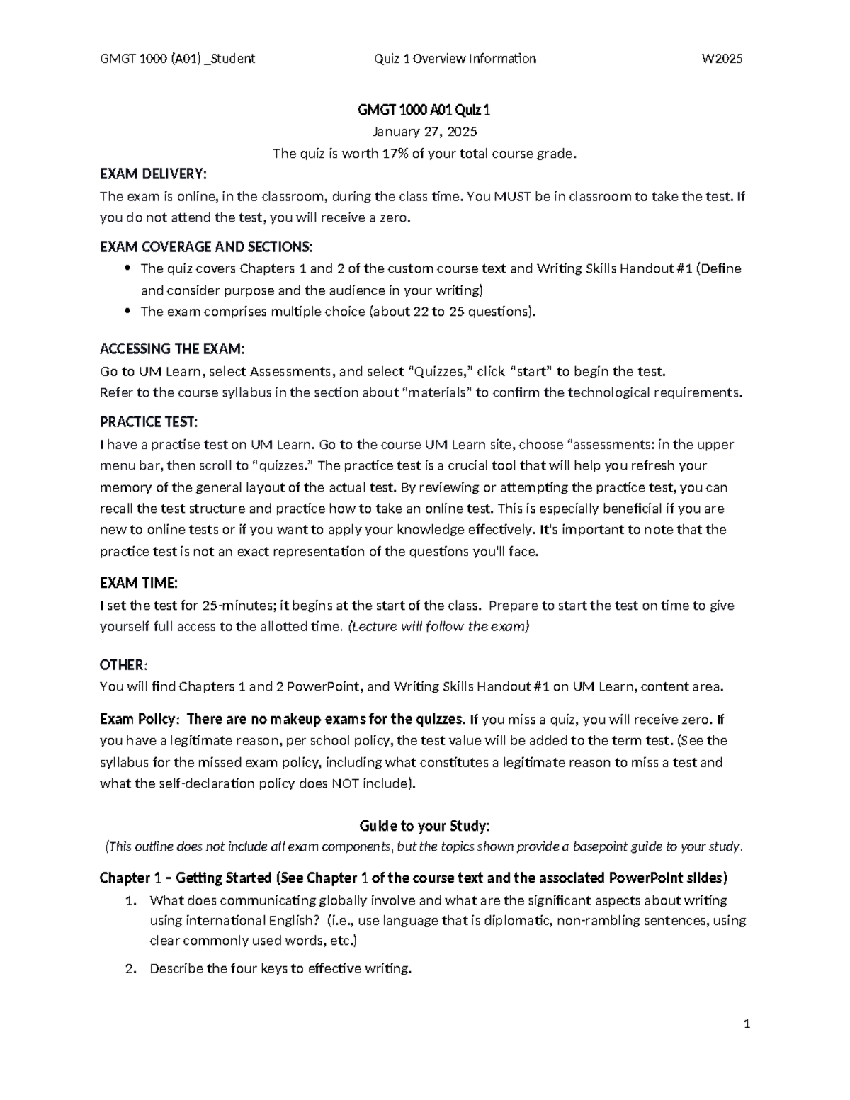 GMGT 1000 A01 Quiz 1 Overview & Study Guide Winter 2025 - Studocu