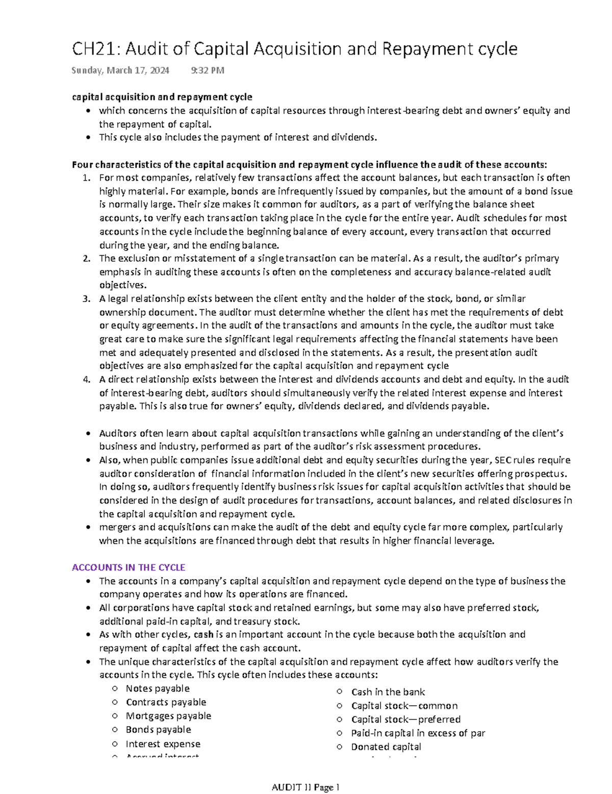 CH21: Audit Insights on Capital Acquisition & Repayment Cycle - Studocu