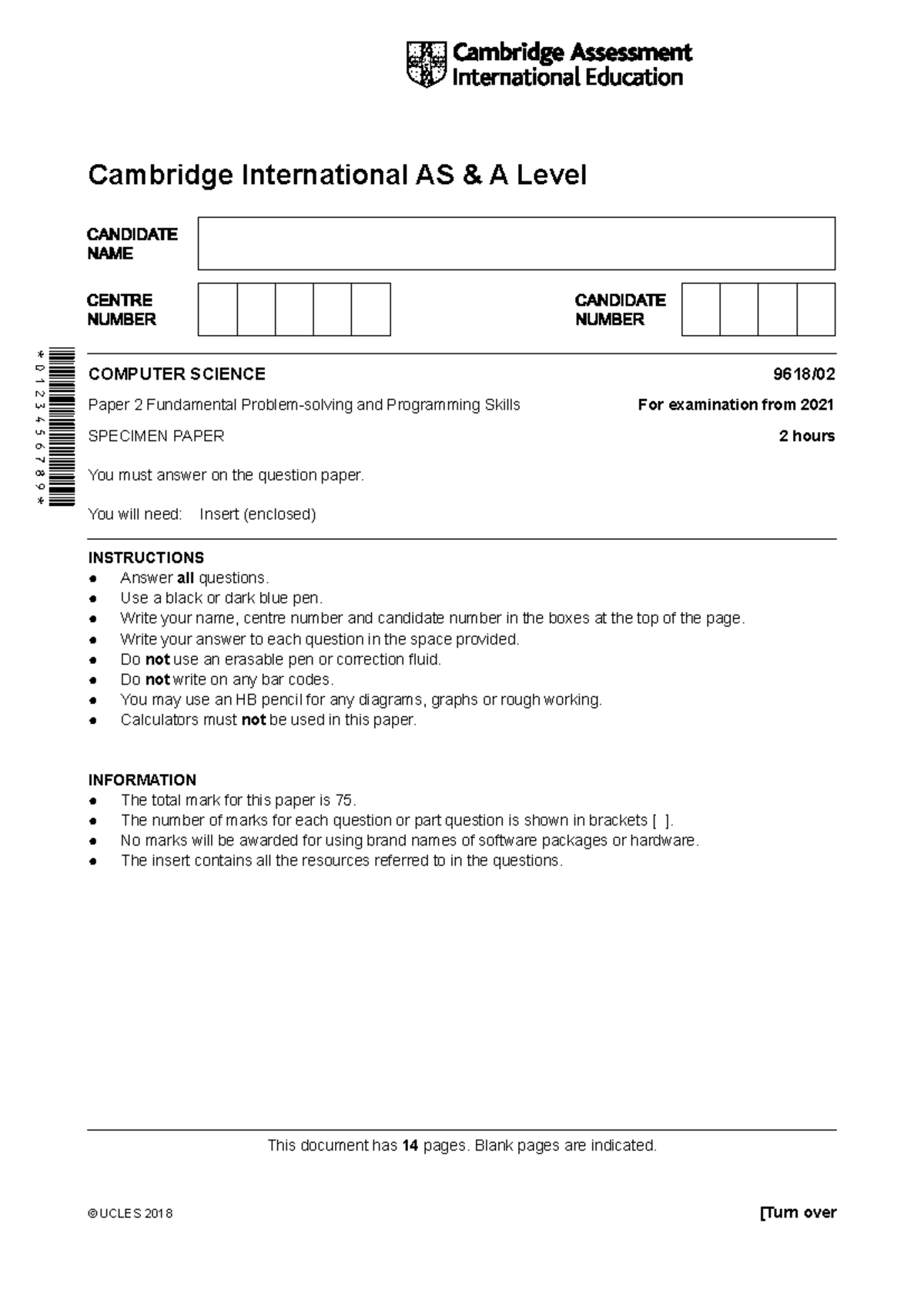 Cambridge AS & A Level Computer Science 9618/02 Specimen Paper 2 - Studocu