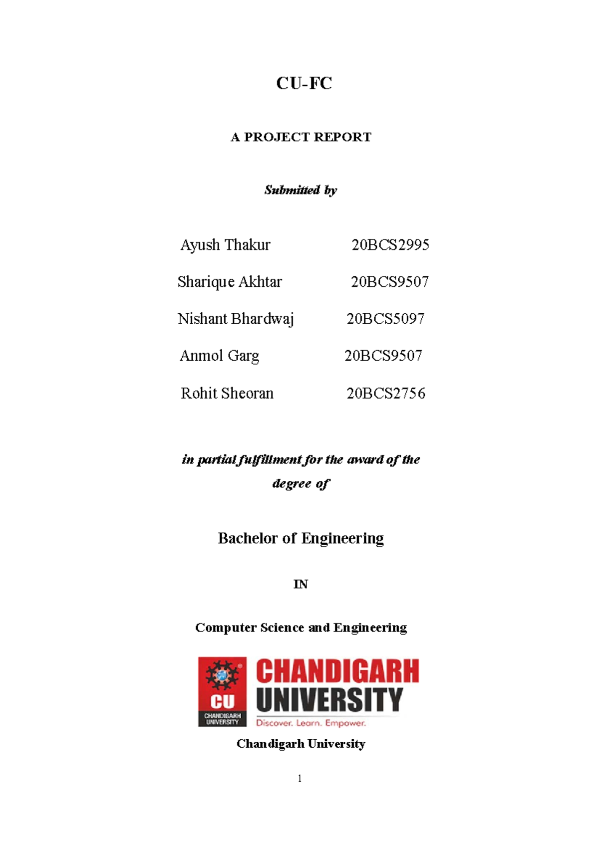 Final Project Report Format - CU-FC A PROJECT REPORT Submitted by Ayush Thakur 20BCS Sharique ...