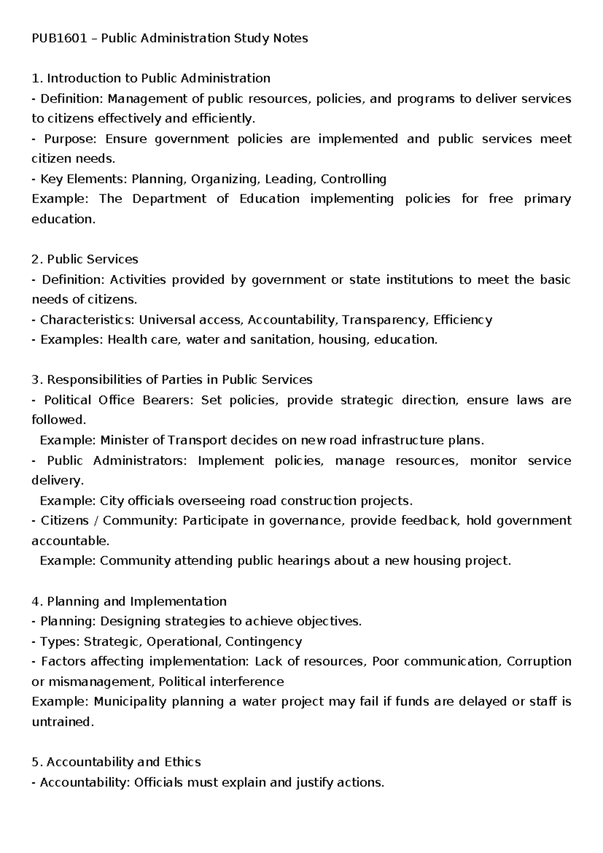 PUB1601 Public Administration Study Notes: Key Concepts & Definitions ...