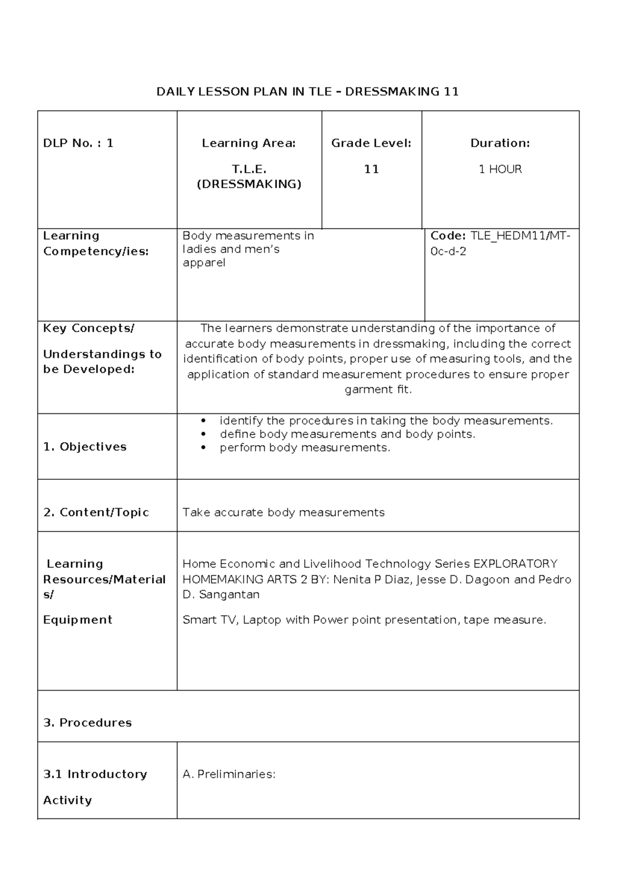 Final Daily Lesson Plan in TLE Dressmaking 11 DLP No. 1 - Studocu