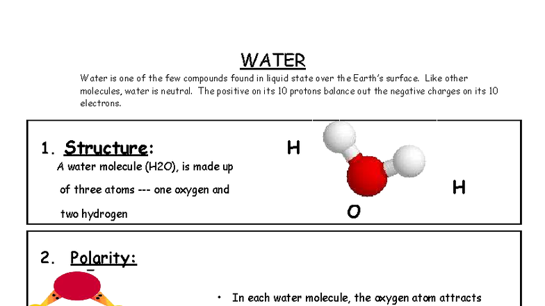 Water Notes 2018: Structure, Properties, and Hydrogen Bonds - Studocu