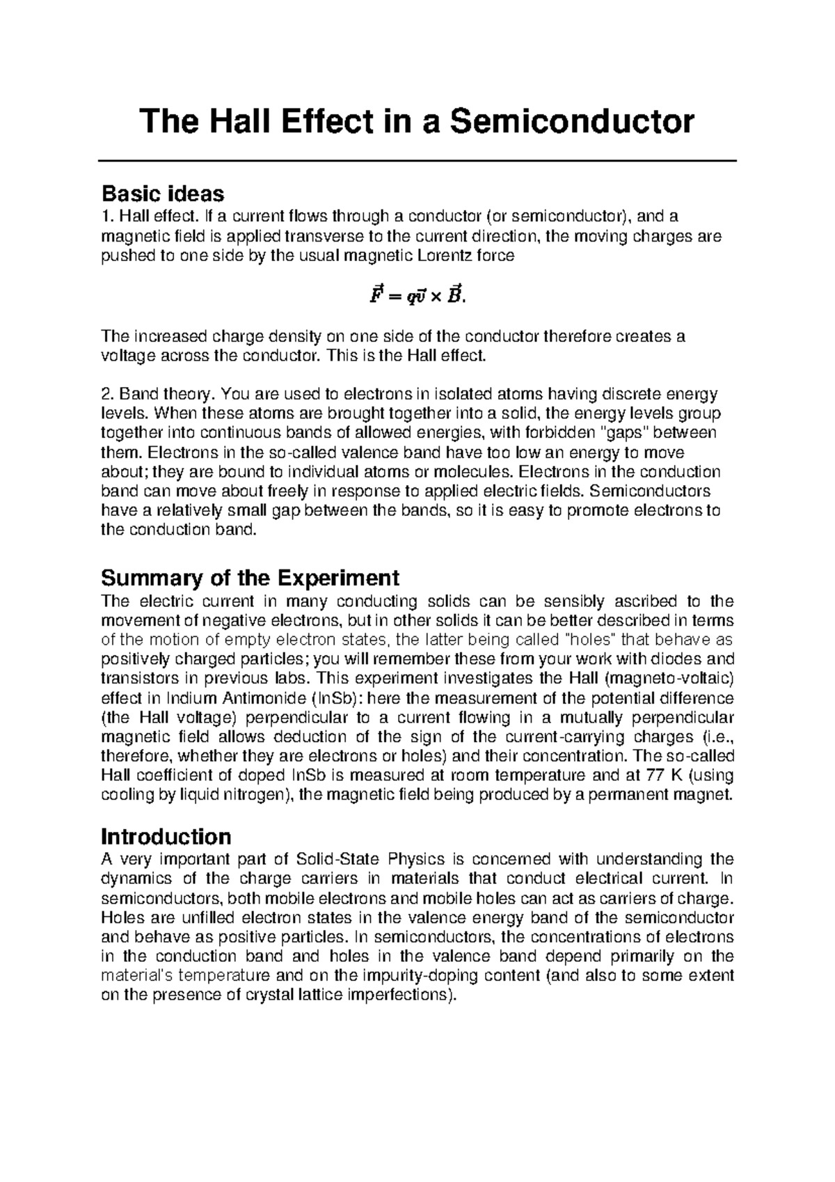Hall Effect in Semiconductors: Experiment with InSb (PHYS 101) - Studocu