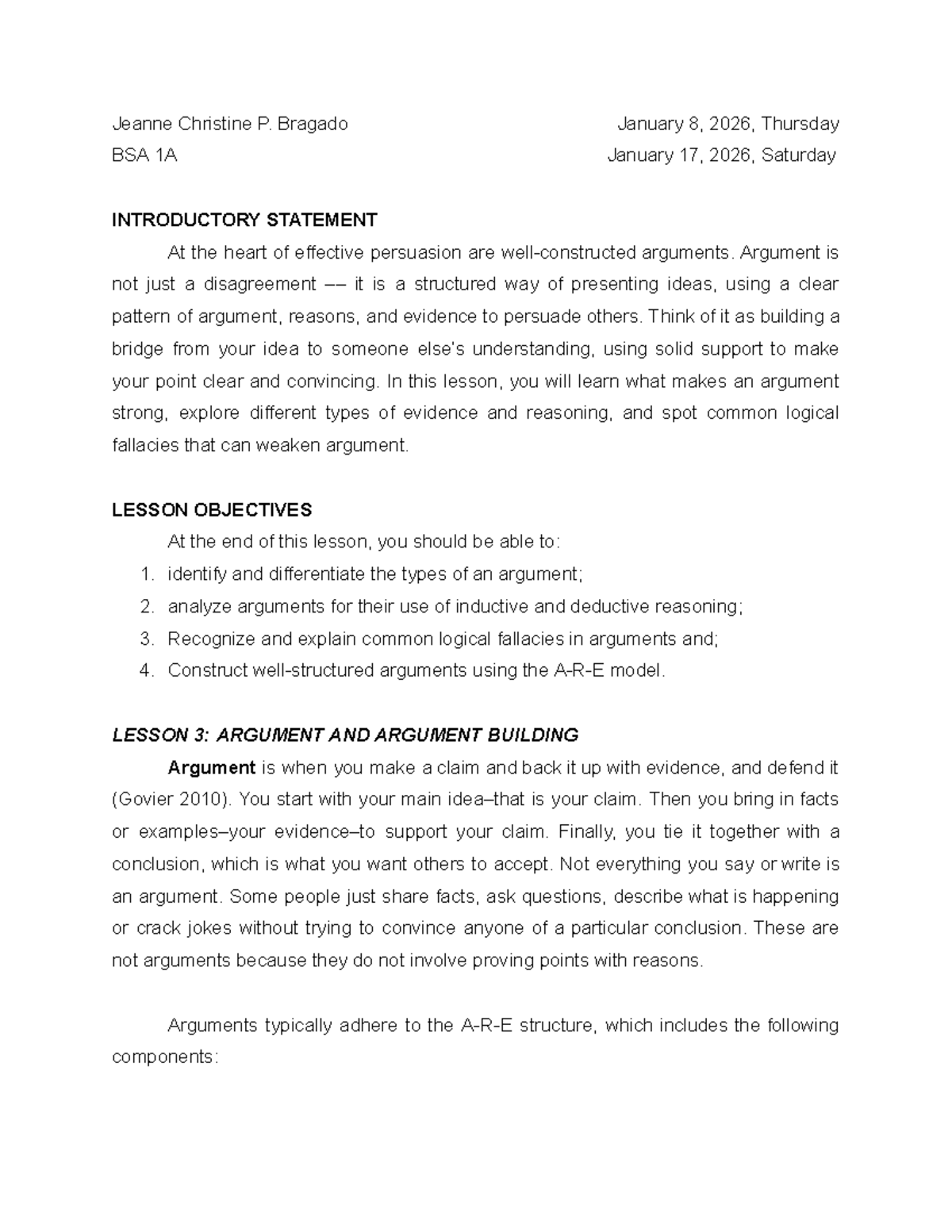 BSA 1A Lesson: Understanding Argument and Argument Building - Studocu