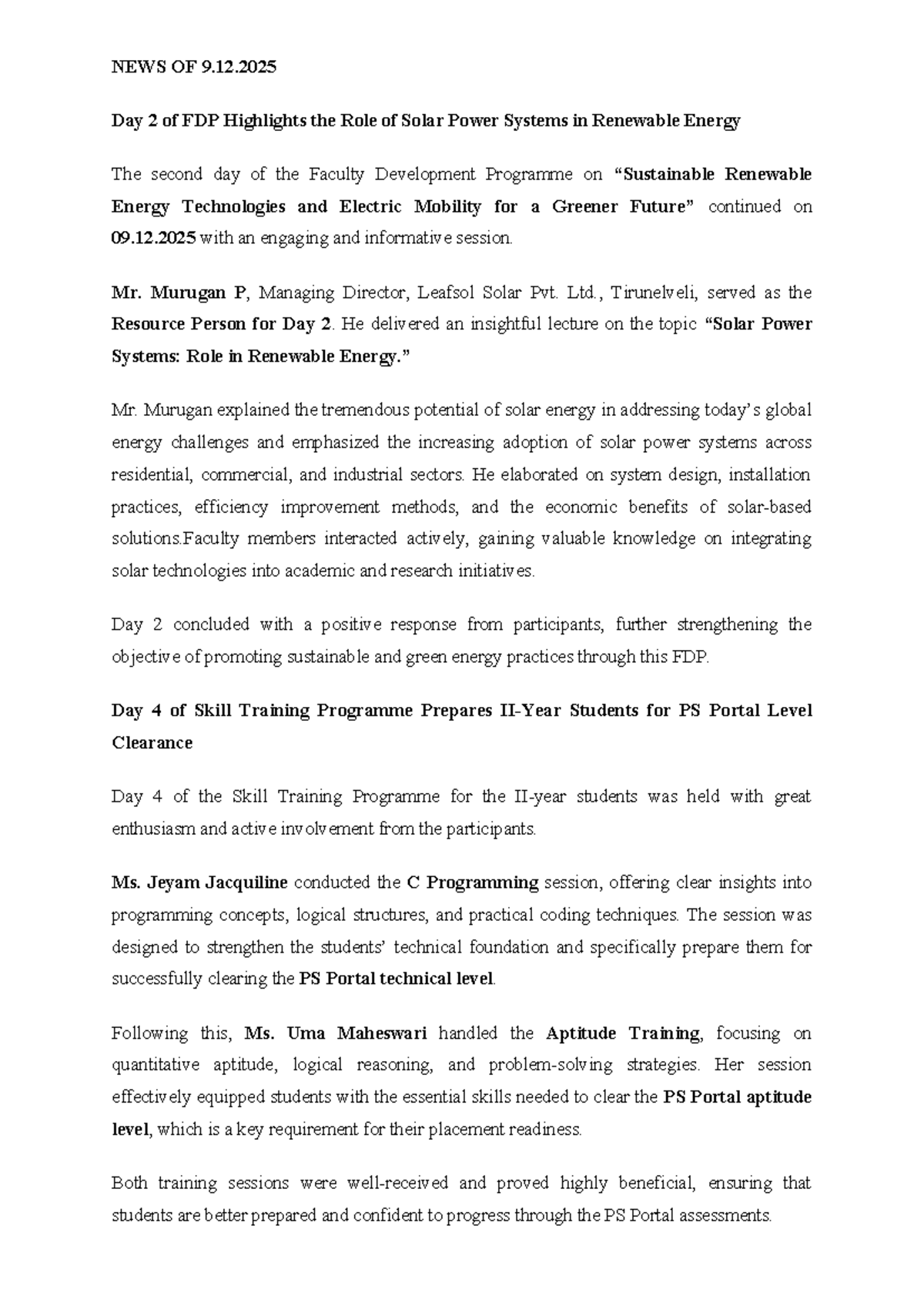 FDP Highlights: Solar Power & PS Portal Training - CS 2025 - Studocu