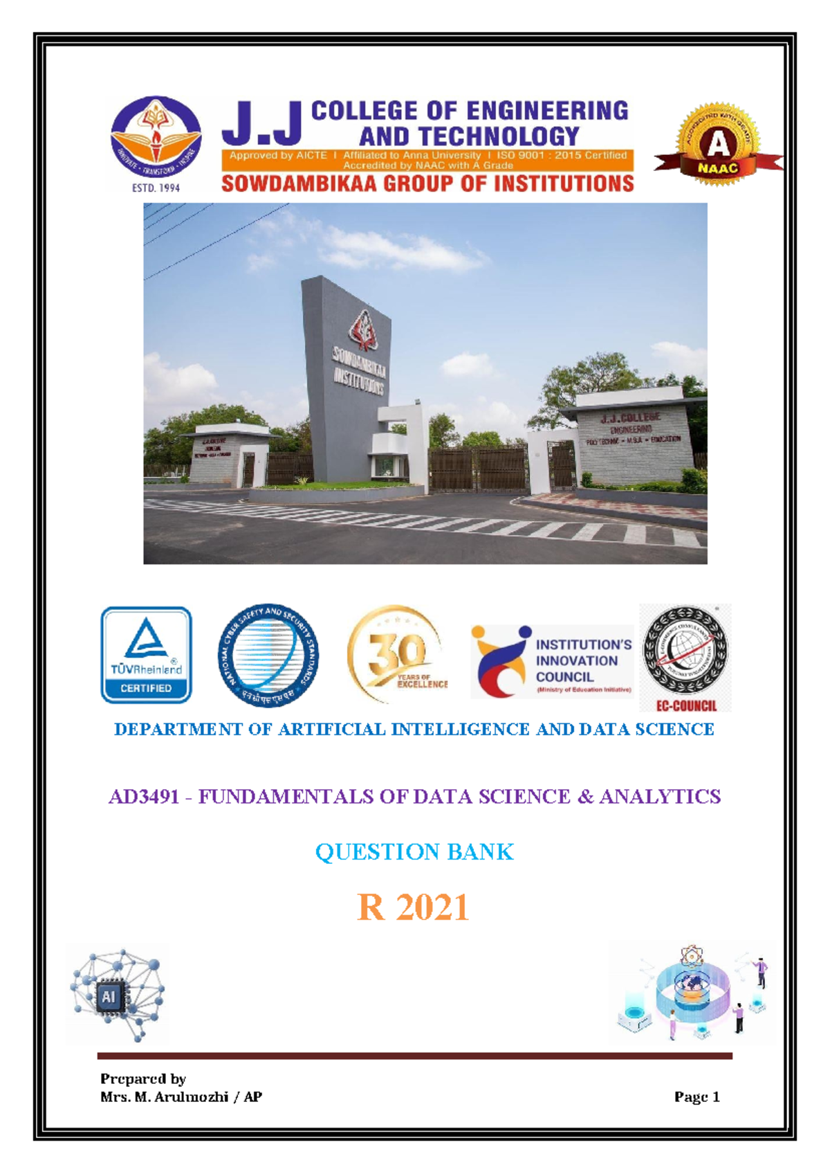 AD3491 FUNDAMENTALS OF DATA SCIENCE ANALYTICS QUESTION BANK - Studocu