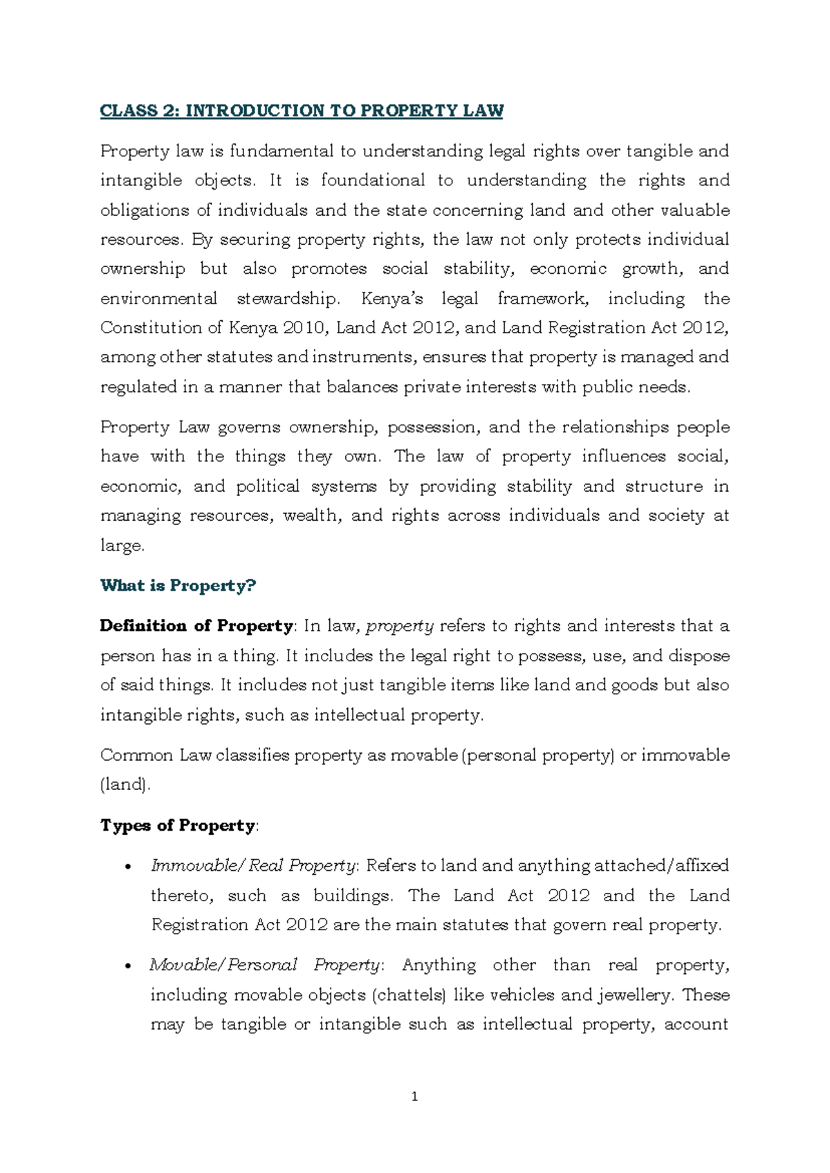 CLASS 2: Intro to Property Law and Its Societal Impact - Studocu