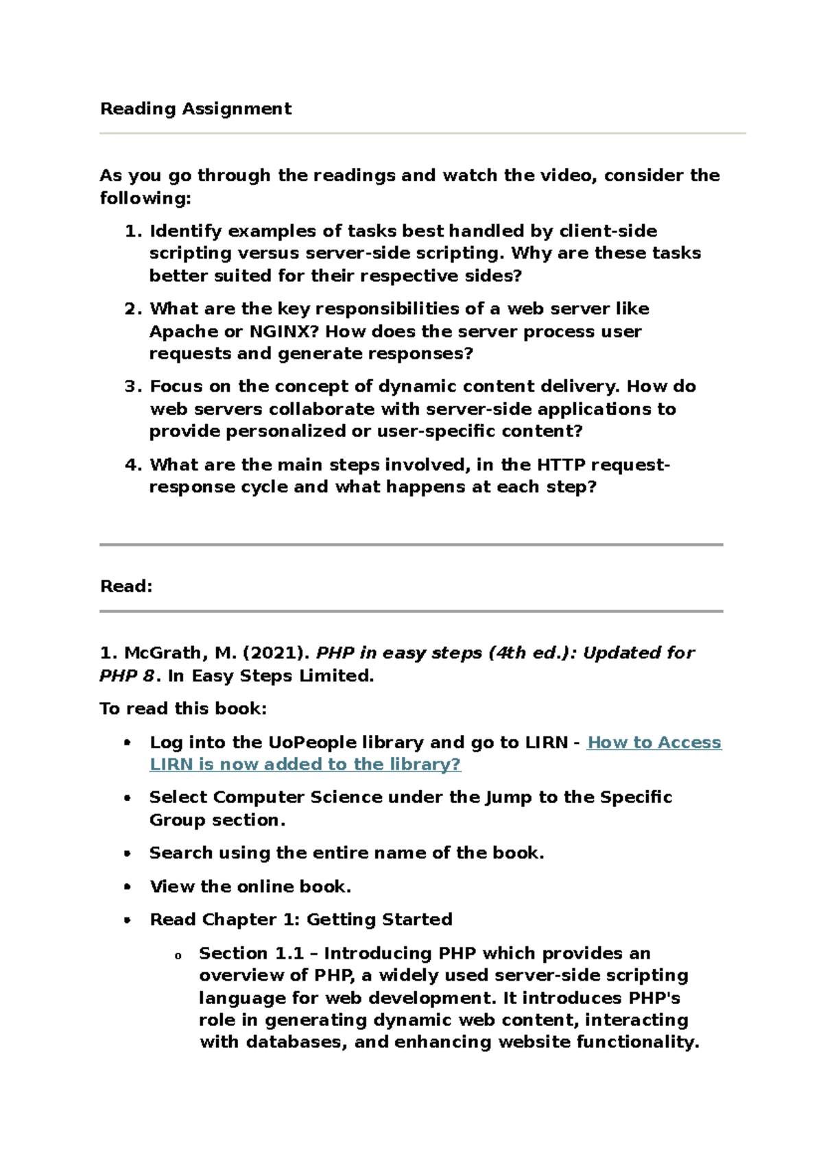 CS101: Week 1 Reading Assignment on Web Servers and PHP - Studocu