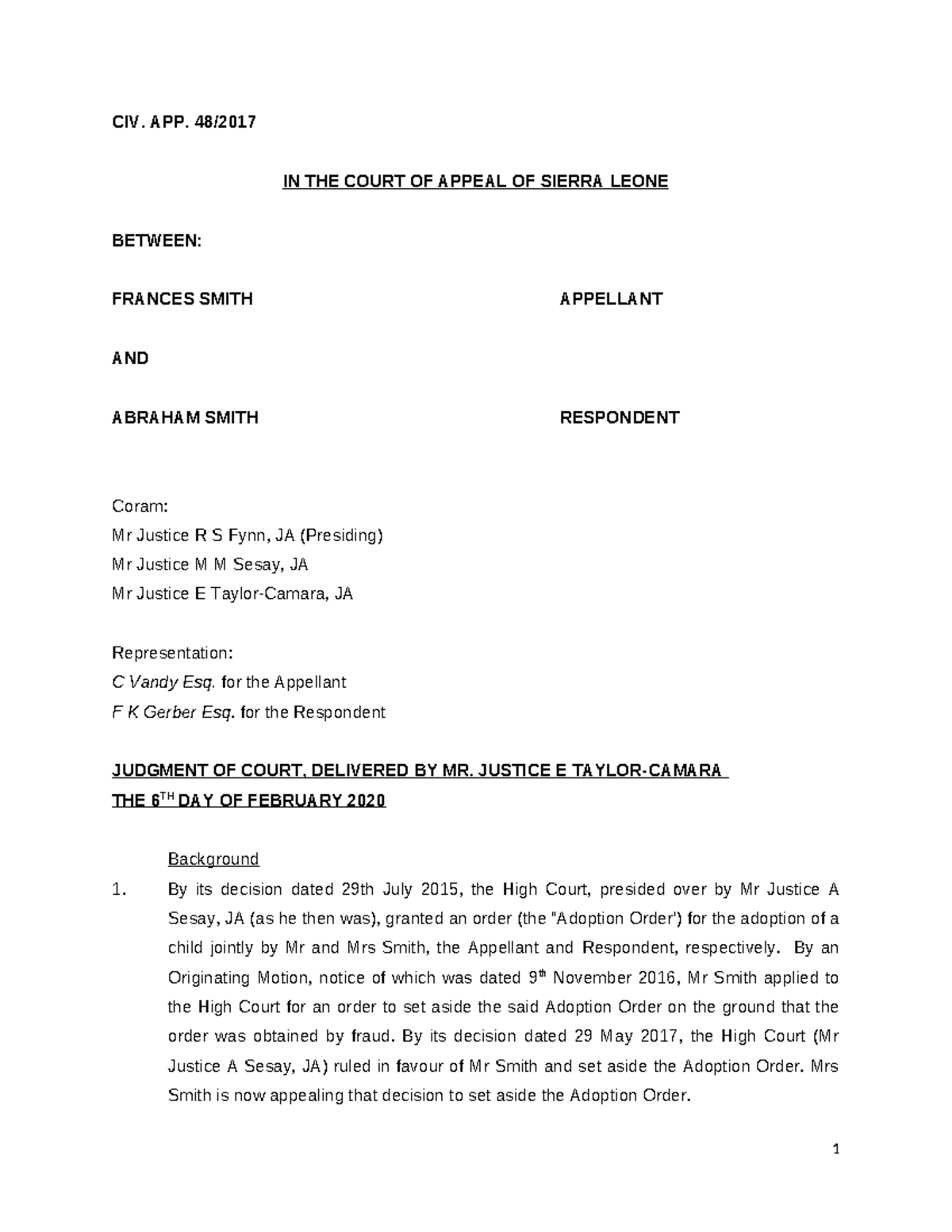Frances Smith v Abraham Smith: Appeal Judgment (CIV APP 48/2017) - Studocu