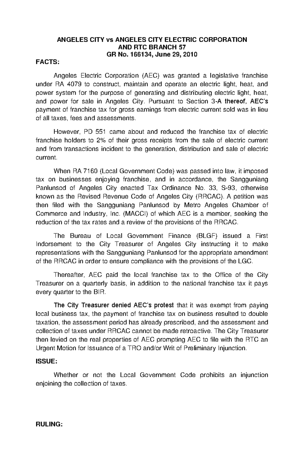 Case Study: Angeles CITY vs Angeles CITY Electric Corporation (GR No ...