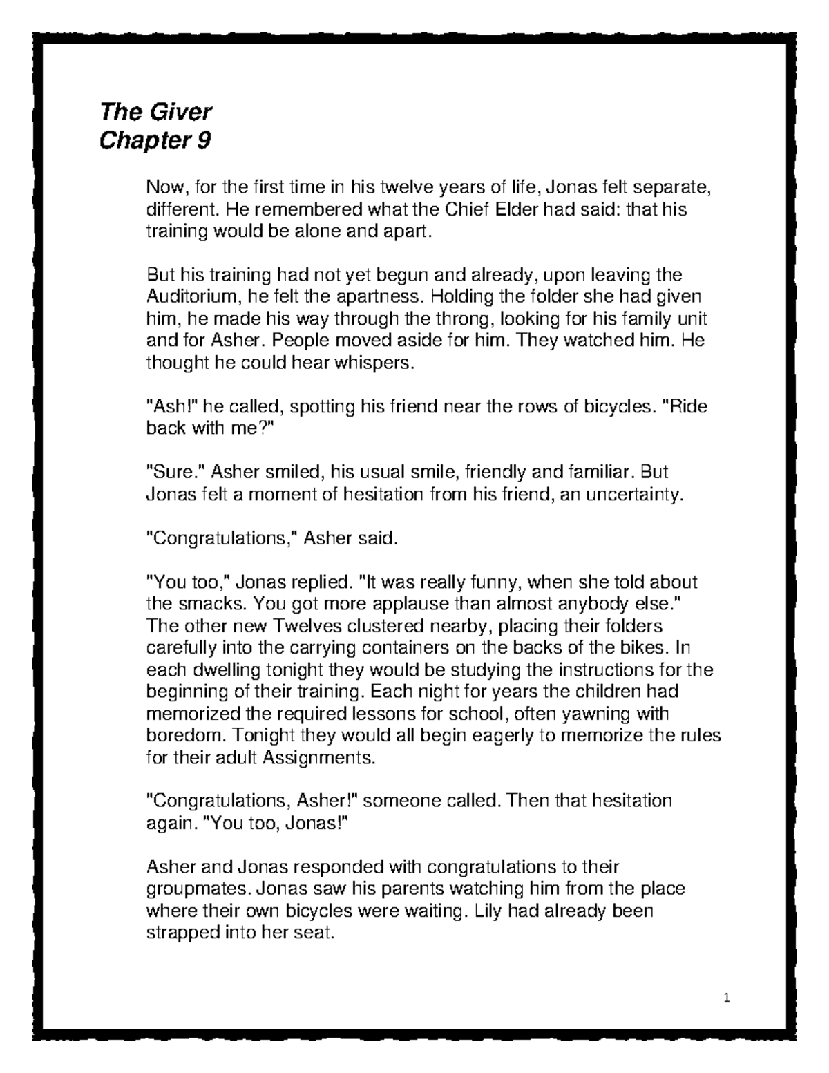 The Giver Chapter 9 Summary and Analysis - JSMS - Studocu