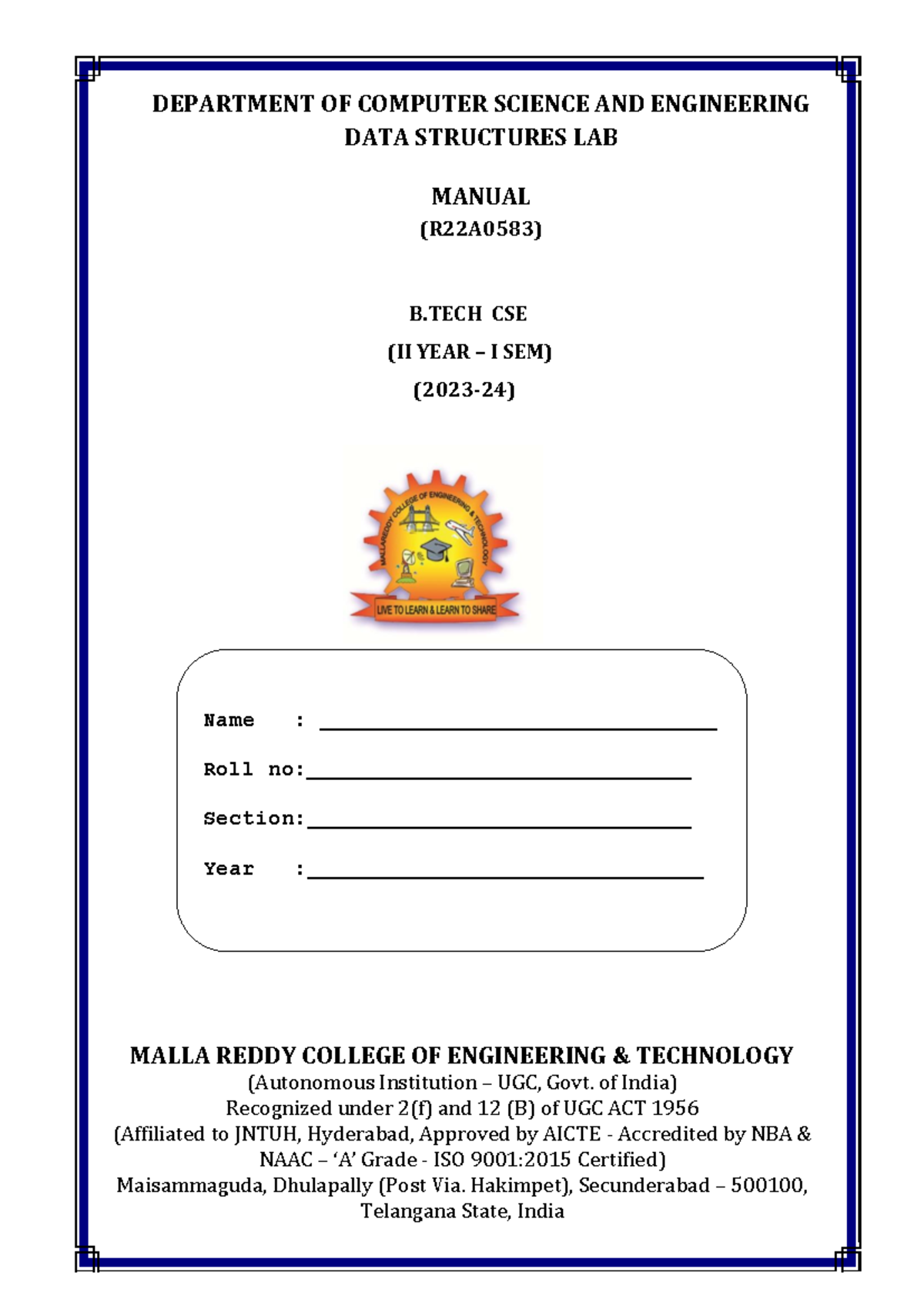Data Structures Lab Manual (R22A0583) - B.Tech CSE II Year I Sem - Studocu
