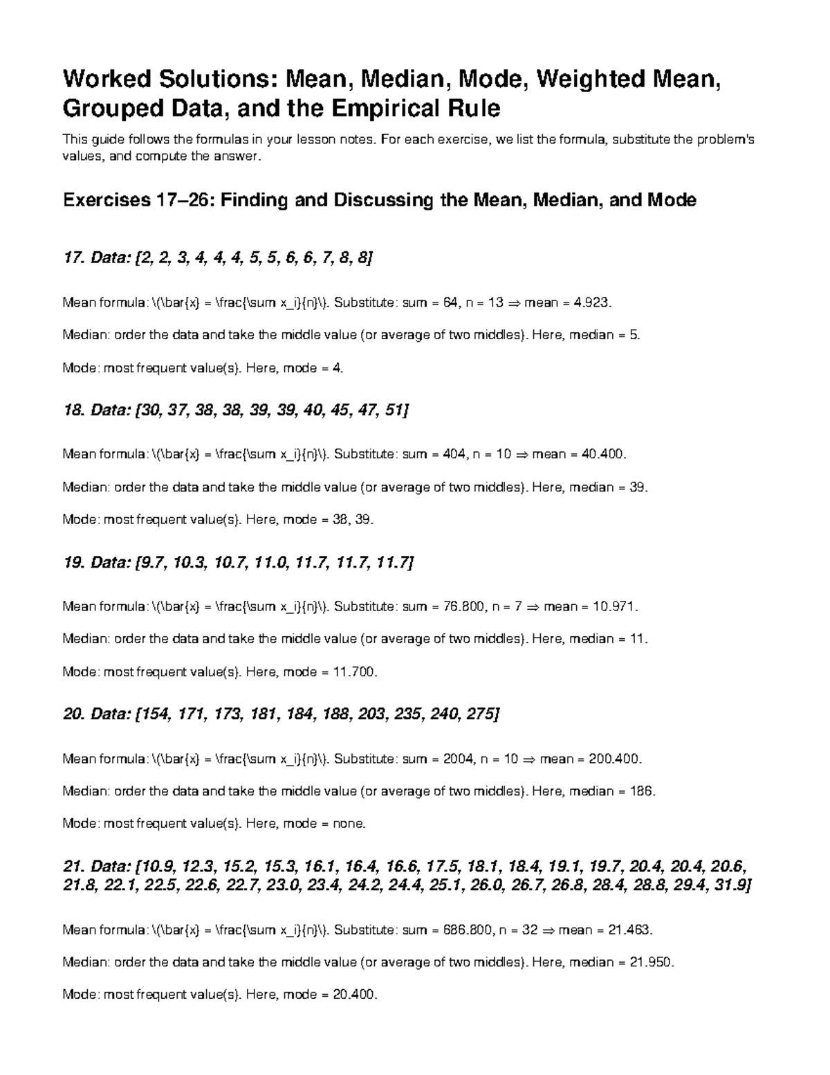 Worked Solutions: Mean, Median, Mode, and Empirical Rule (STATAPP 1 ...