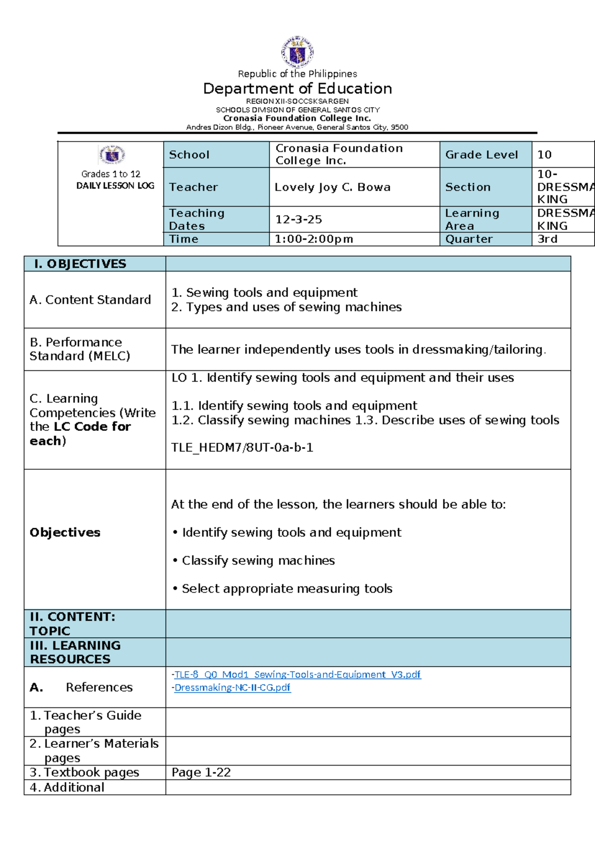 Lesson Plan: Sewing Tools and Equipment (Grade 10 - 3rd Quarter) - Studocu