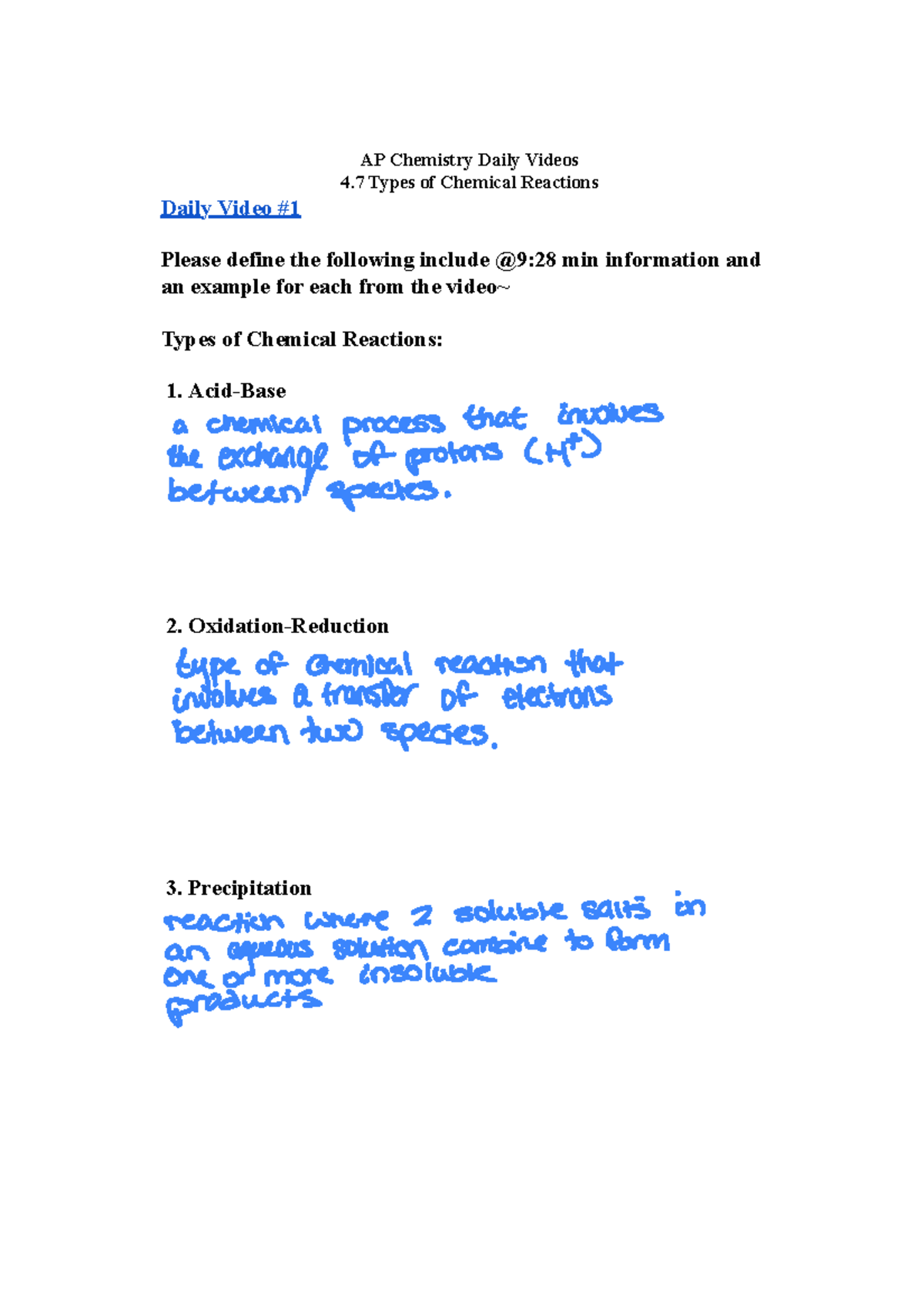 Janiya Alexander - AP Chemistry-4.7 Types of Chemical Reactions - AP ...