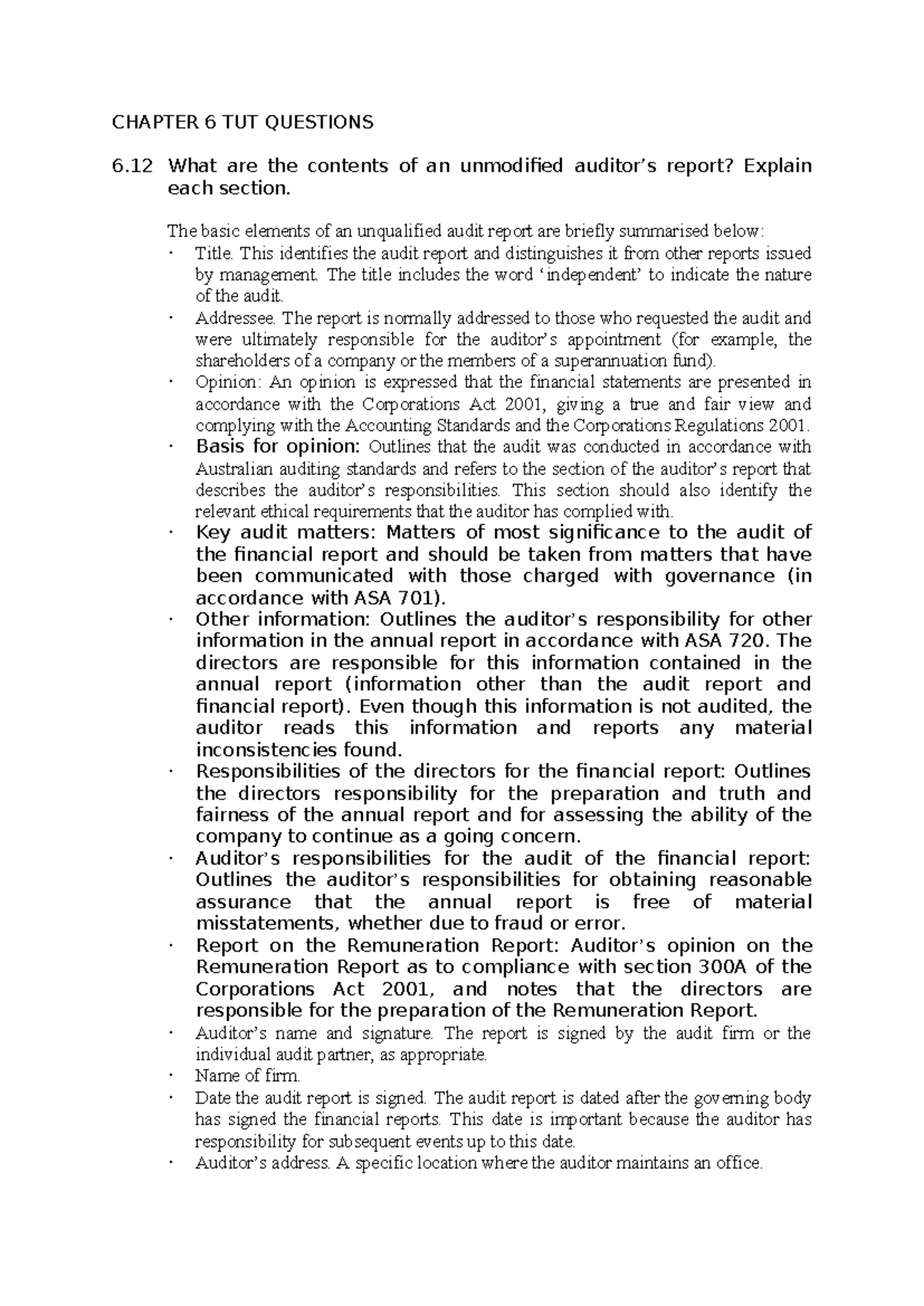 Chapter 6 TUT Questions & Solutions: Unmodified Audit Reports - Studocu