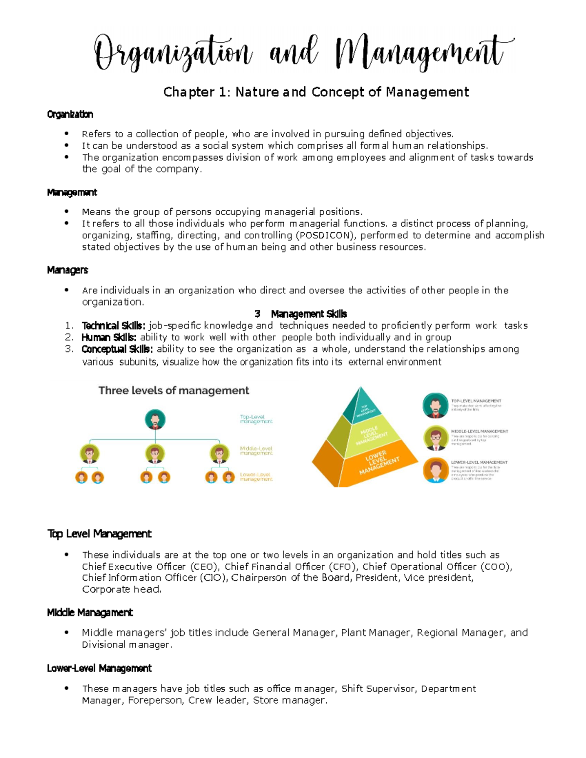 Organization and Management Lecture Notes: Key Concepts and Theories ...