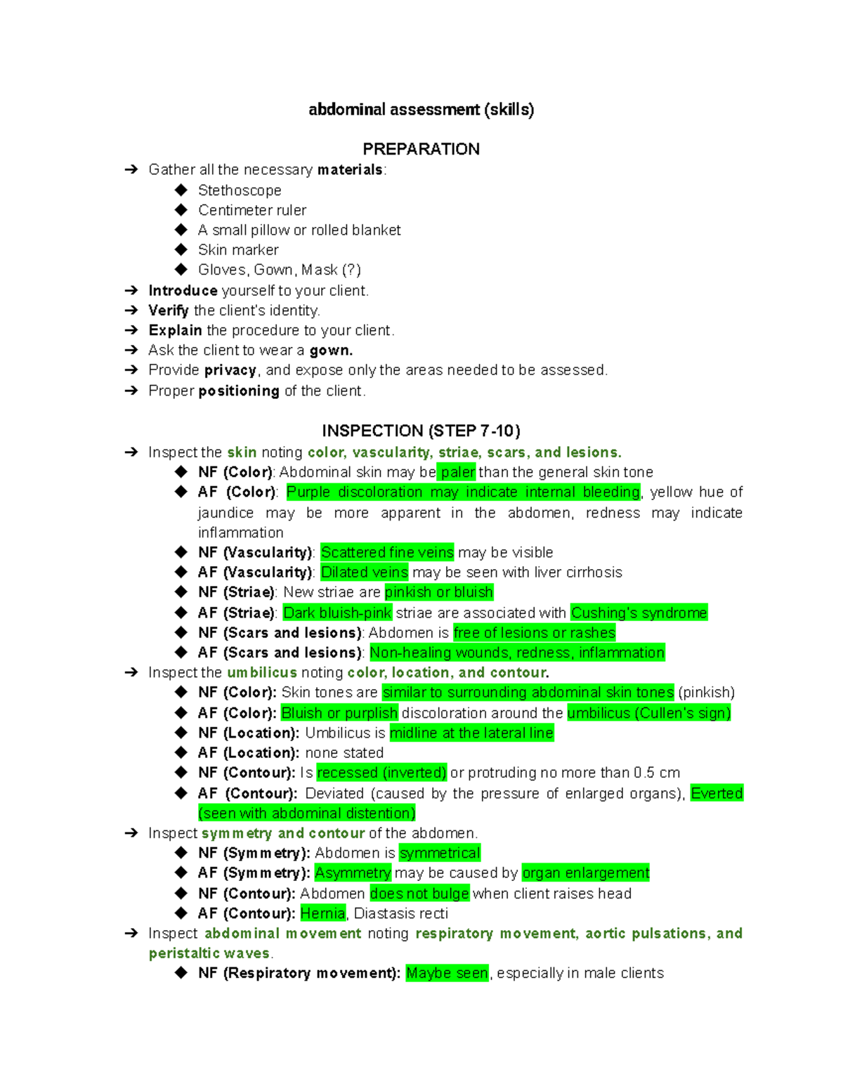 Abdominal Assessment Skills Overview: Techniques and Procedures - Studocu