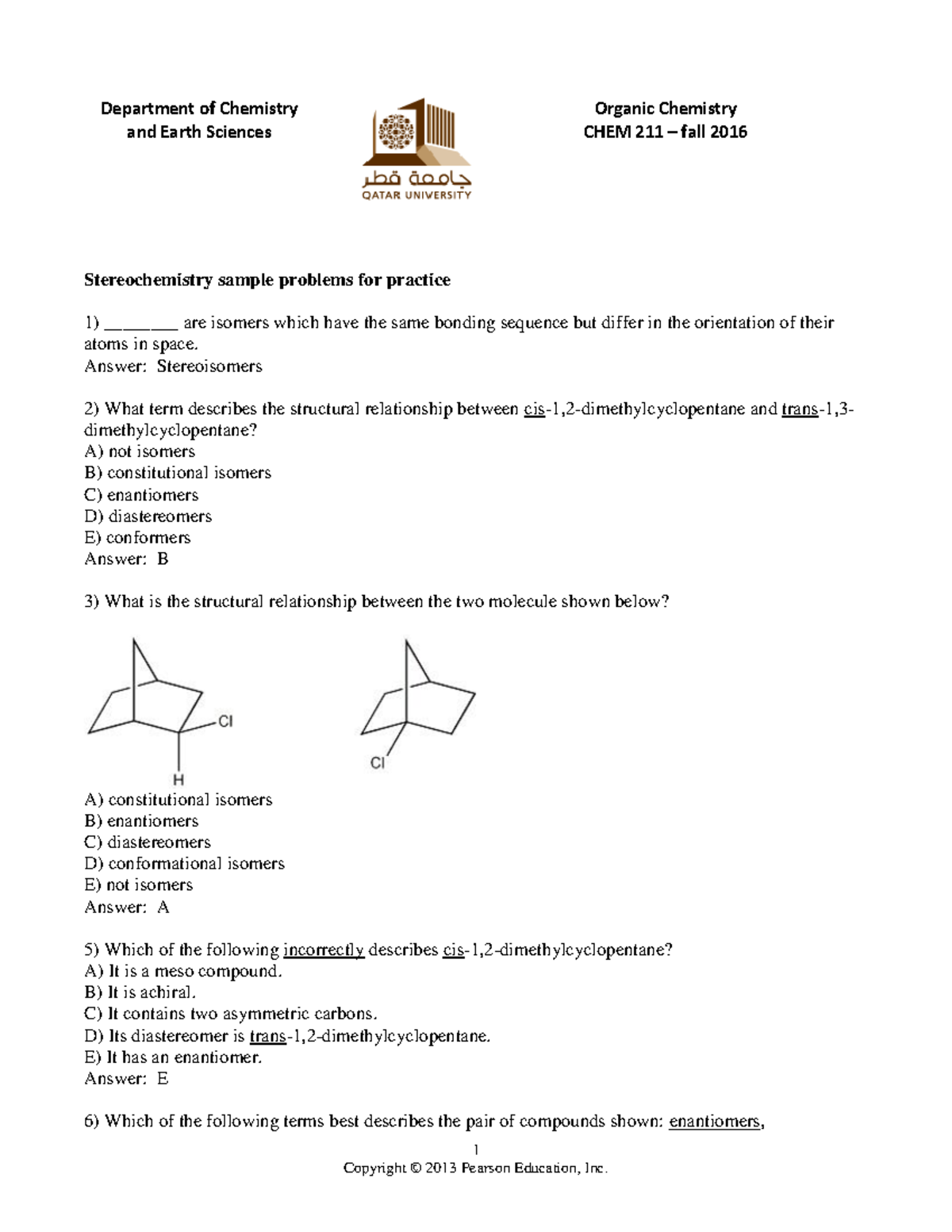 CHEM 211 Chapter 5 Stereochemistry Practice Problems - Studocu